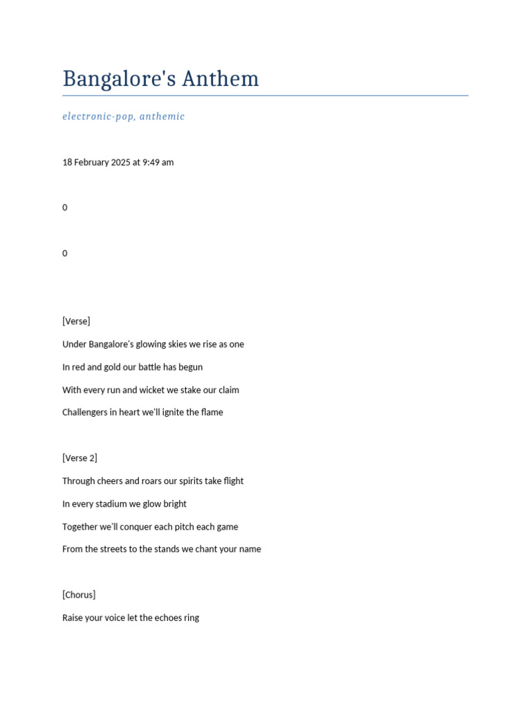 Bangalore Cricket Anthem | PDF