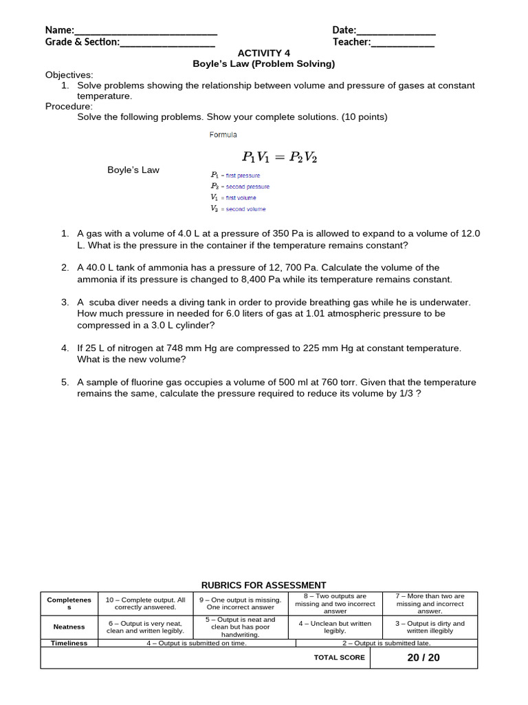 Activity 4 Boyles Law 1problem Solving | PDF | Gases | Pressure