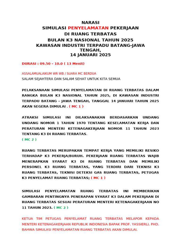 NARASI SIMULASI RESCUE RUANG TERBATAS Bulan K3 FIX 2025 | PDF