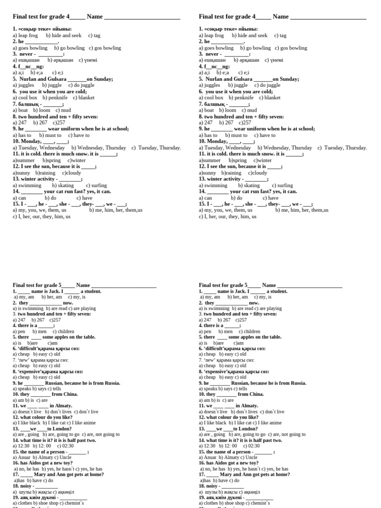 Diagnostic Test of Grade 4-5-6-7 | PDF