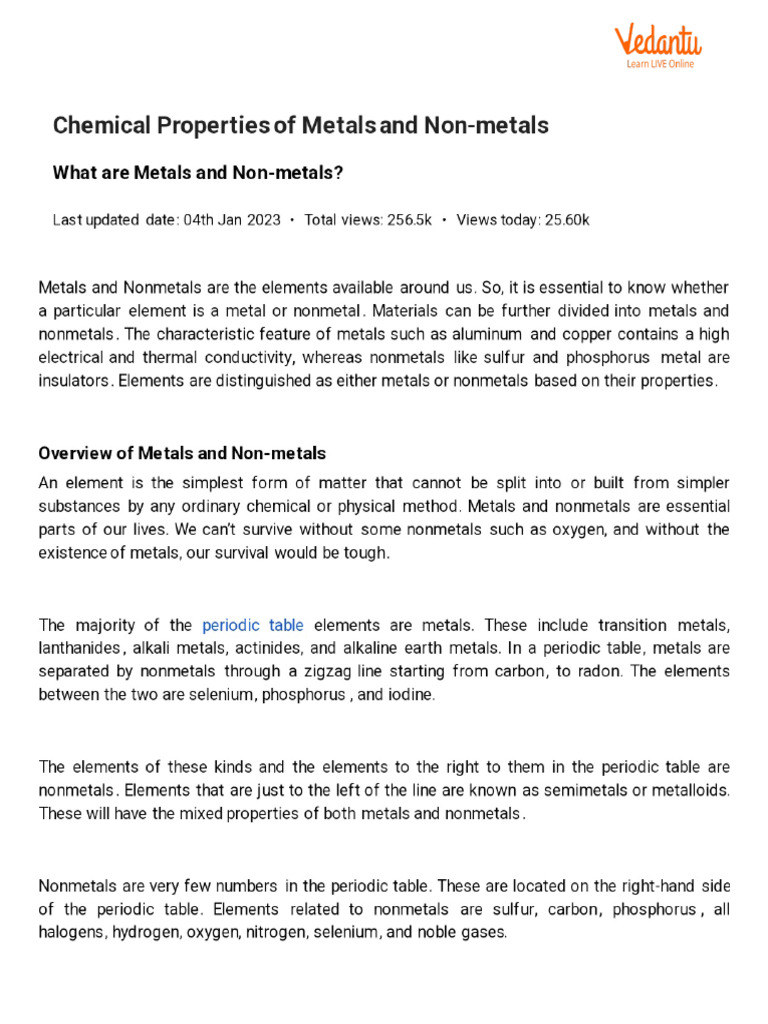 Chemical Properties of Metals and Non-Metals | PDF