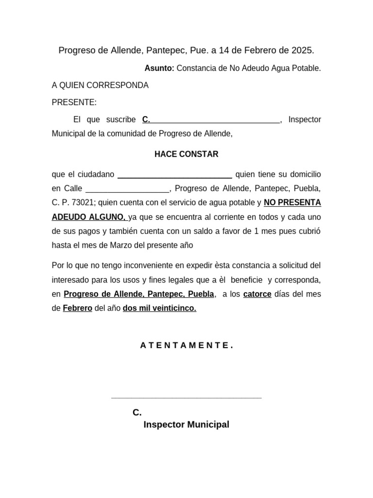 Formato No Adeudo Agua | PDF