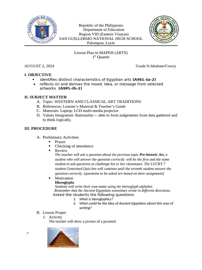 LESSON PLAN - ARTS9-AUGUST 1,2 | PDF | Ancient Egypt | Egyptian Hieroglyphs