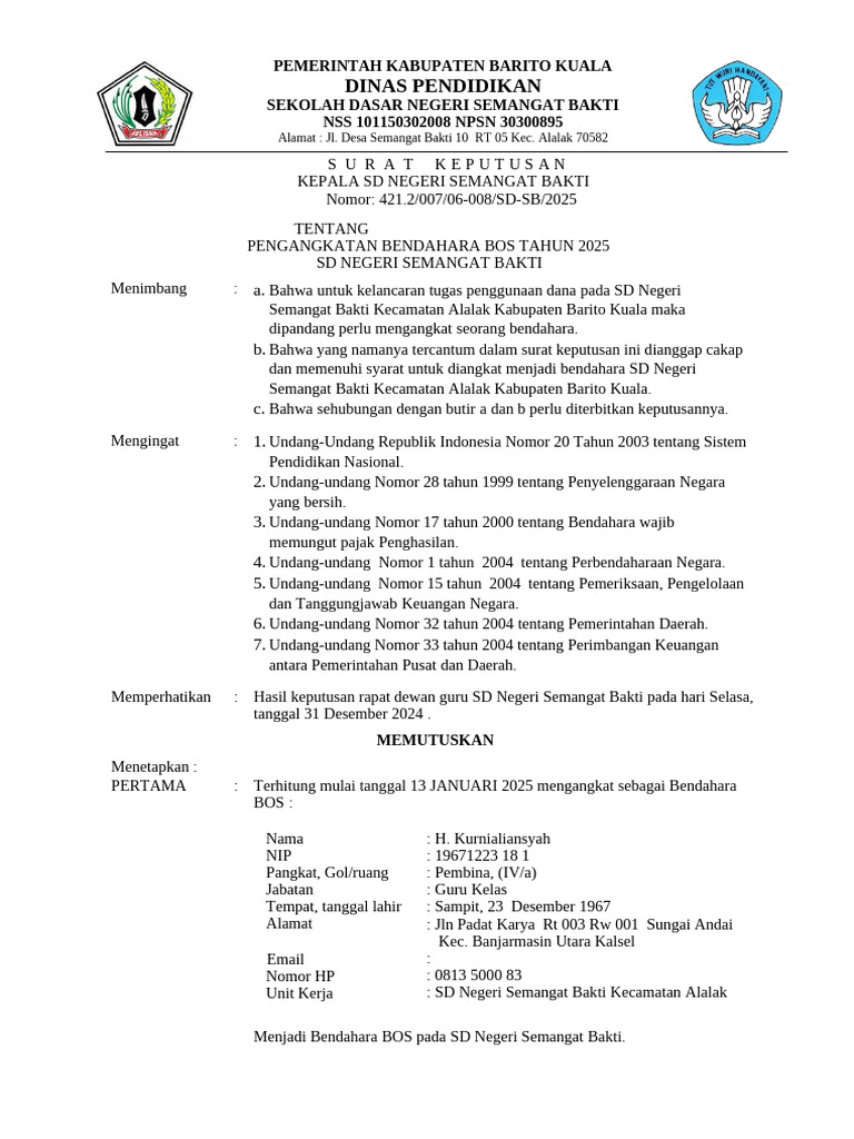 Pengangkatan Bendahara BOS 2025 | PDF