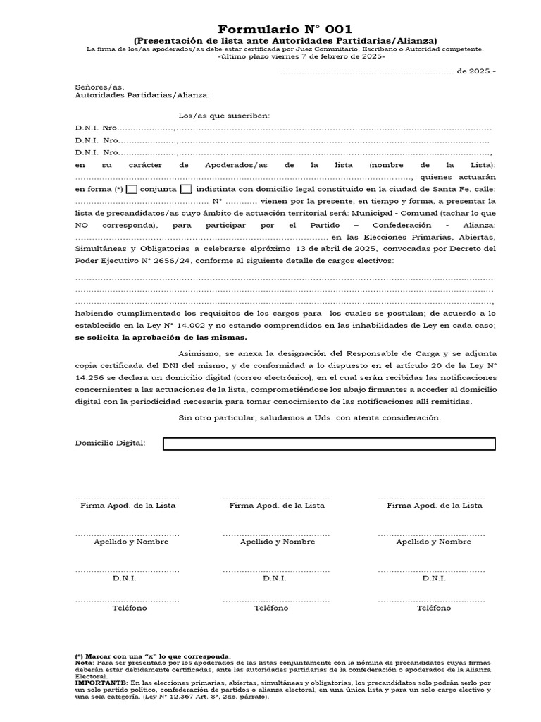 2025 - Formulario 001 - Lista Al Partido | PDF | Gobierno