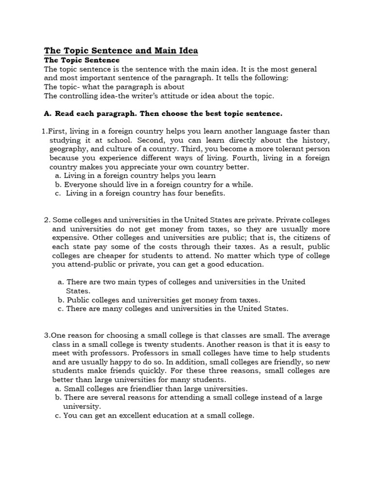 The Topic Sentence and Main Idea 2023-24 | PDF | Curry