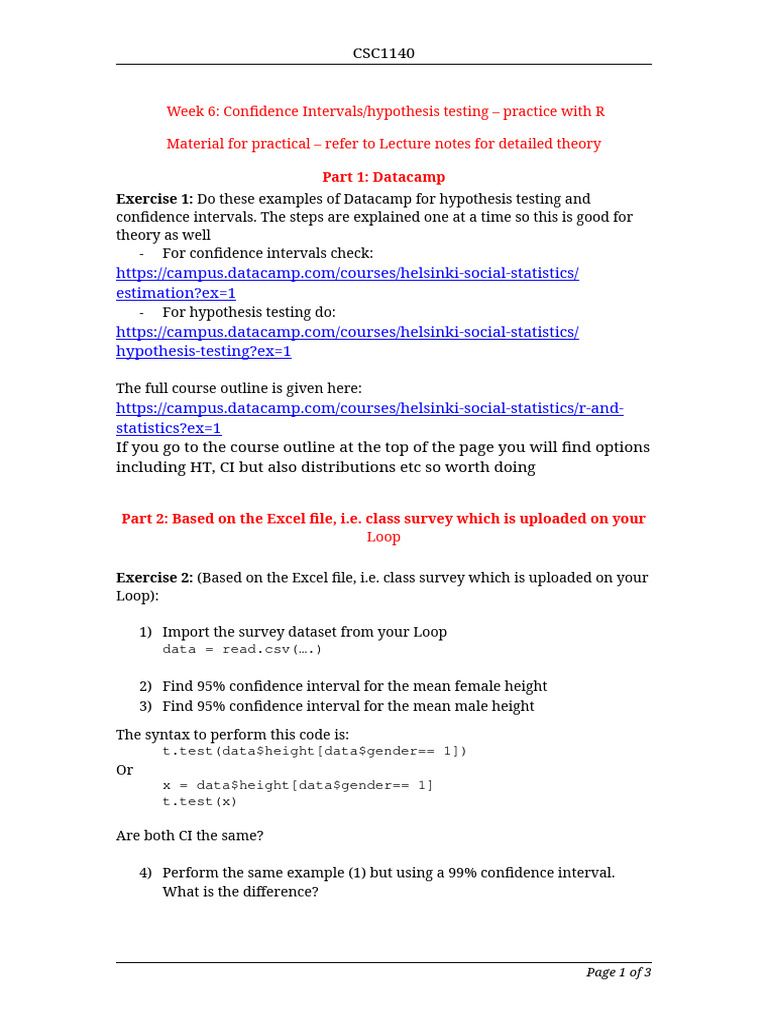 Lab6 - Hypothesis Testing and Confidence Intervals in R | PDF | Student ...