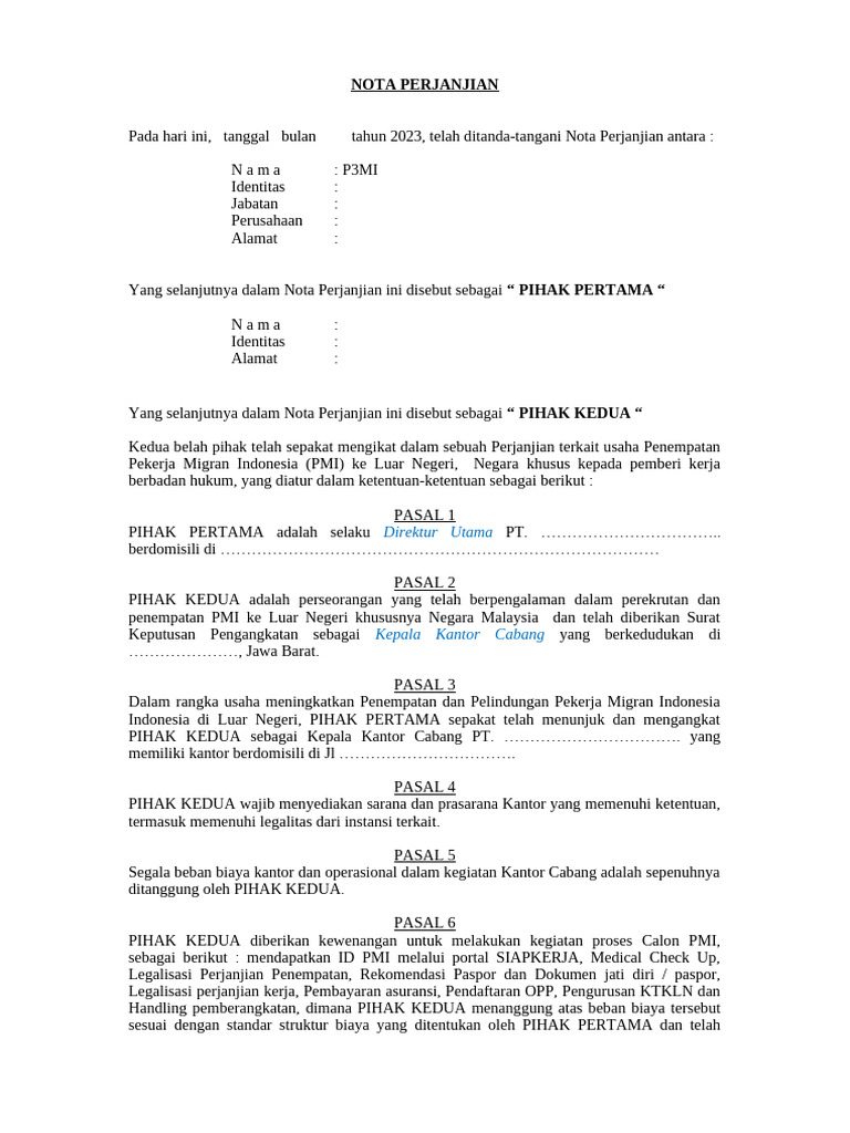 Draft Nota Perjanjian Kerjasama_Kantor Cabang_Malaysia | PDF