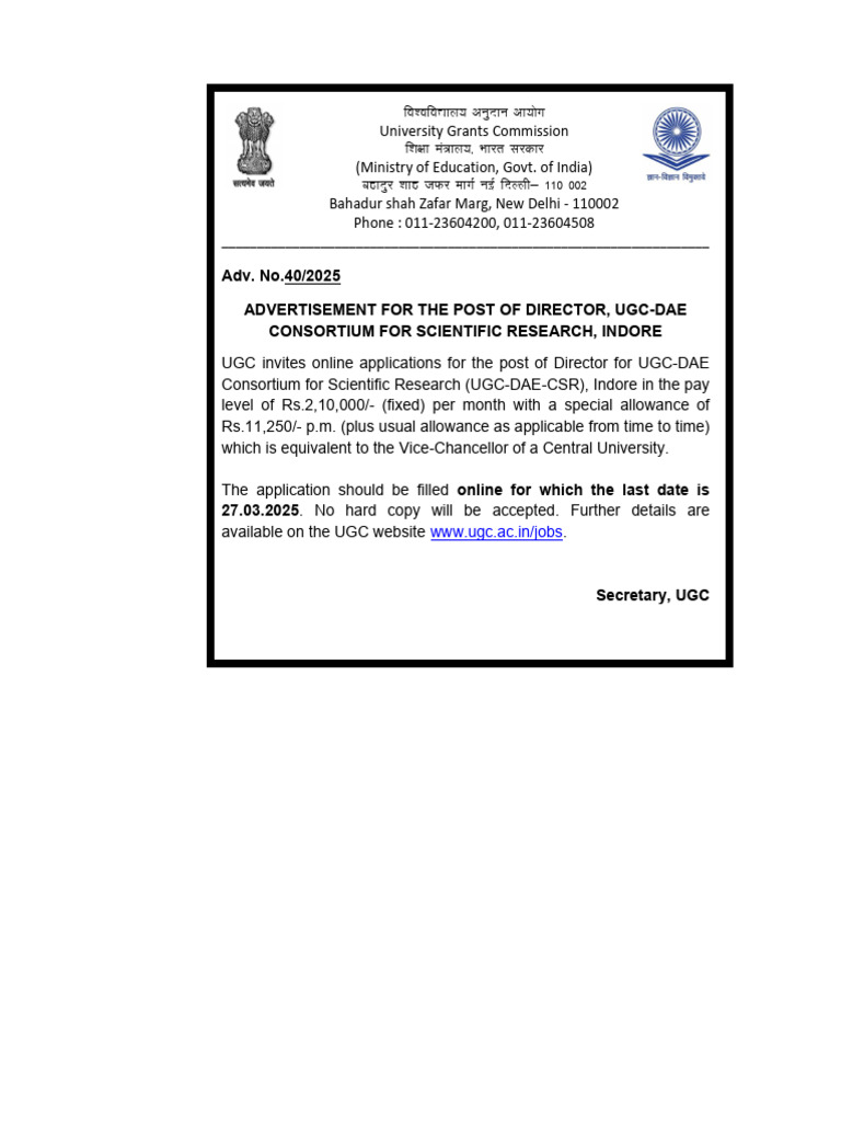 Advertisement For Director UGC DAE CSR Indore | PDF