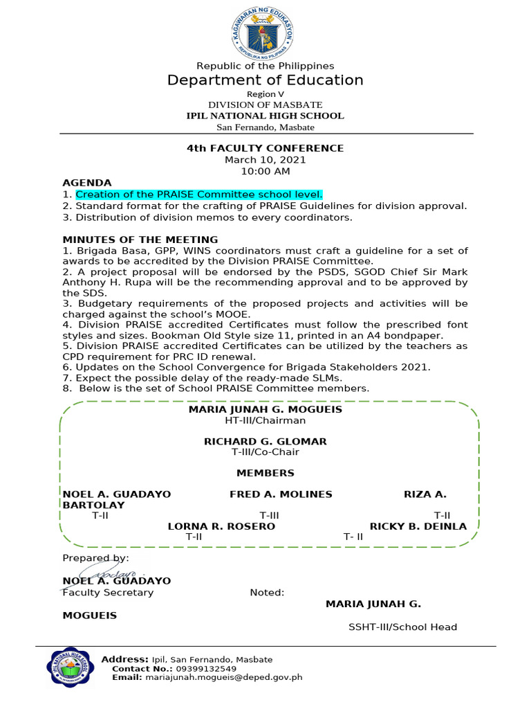 School PRAISE Minutes for OPCRF | PDF