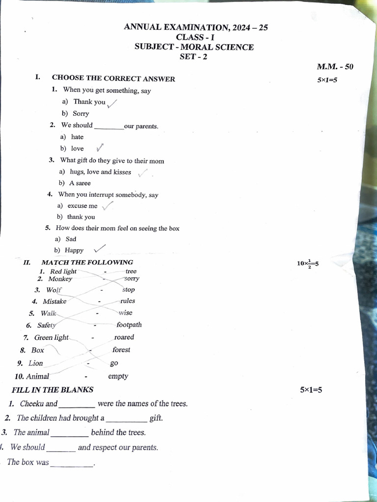 Class 1 Moral Science Exam 2024-25 | PDF