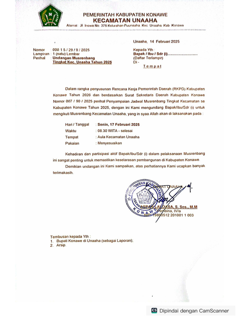 Undangan Musrenbang Kecamatan Unaaha | PDF