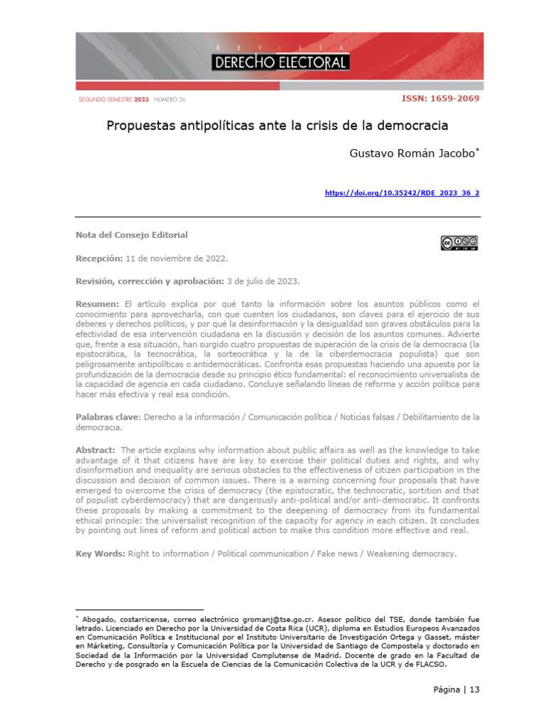 Propuestas Politicas Ante La Crisis de La Democracia. Roman Jacobo ...
