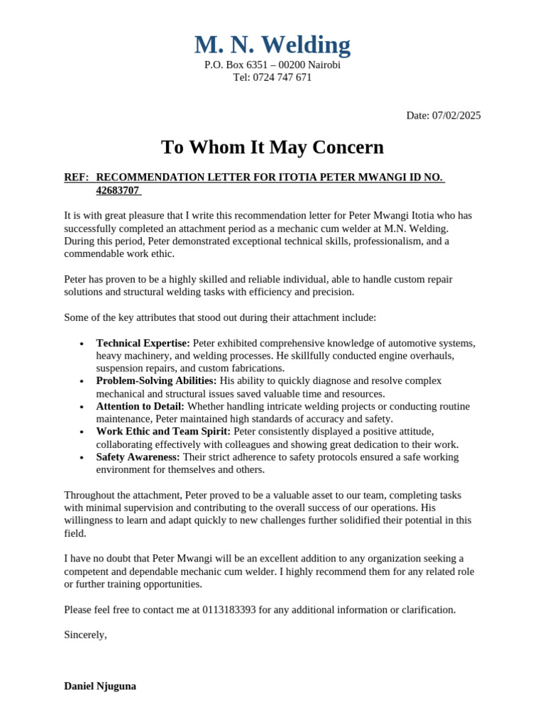 Recommendation Letter Mechanic | PDF