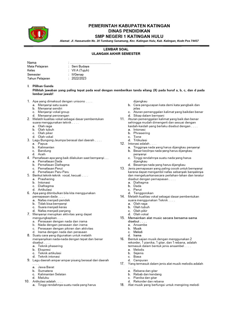 Uas Seni Budaya 7a 2023 | PDF