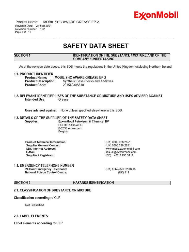 Mobil SHC Aware Grease EP 2 SDS | PDF | Waste | Waste Management