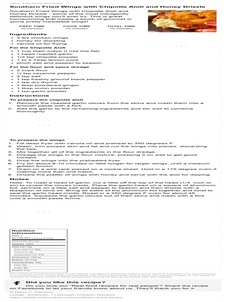 Southern Fried Wings with Chipotle Aioli and Honey Drizzle - Rock ...