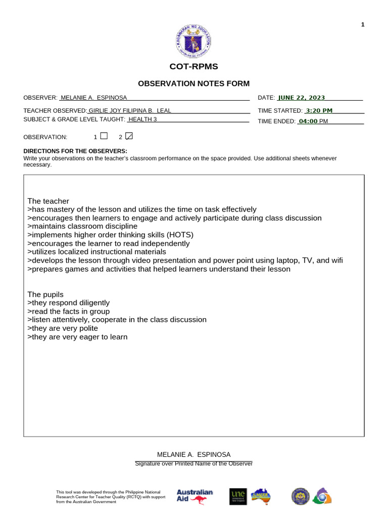 COT 2023 2ND Appendix 3E COT RPMS Observation Notes Form | PDF