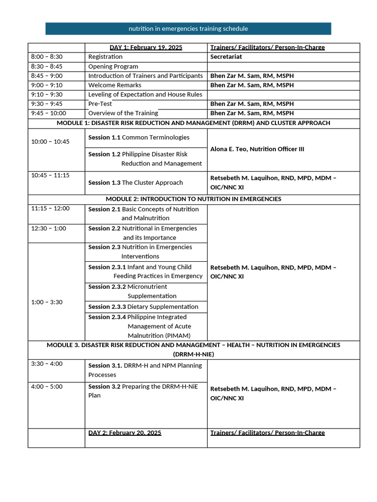 Nutrition in Emergencies Training Agenda | PDF | Human Nutrition ...