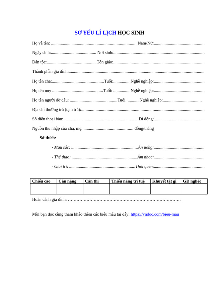 So Yeu Ly Lich Hs Tieu Hoc | PDF