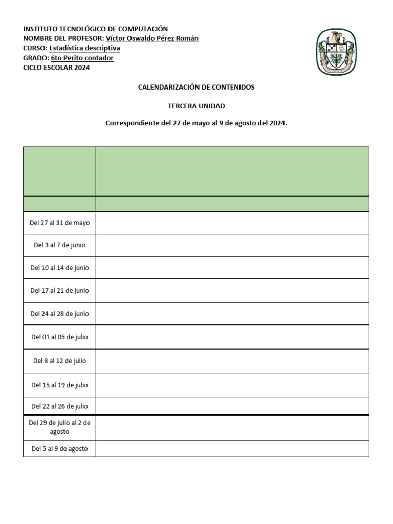 Cronograma 6to Perito Estadísitica Tercera Unidad | PDF | Probabilidad
