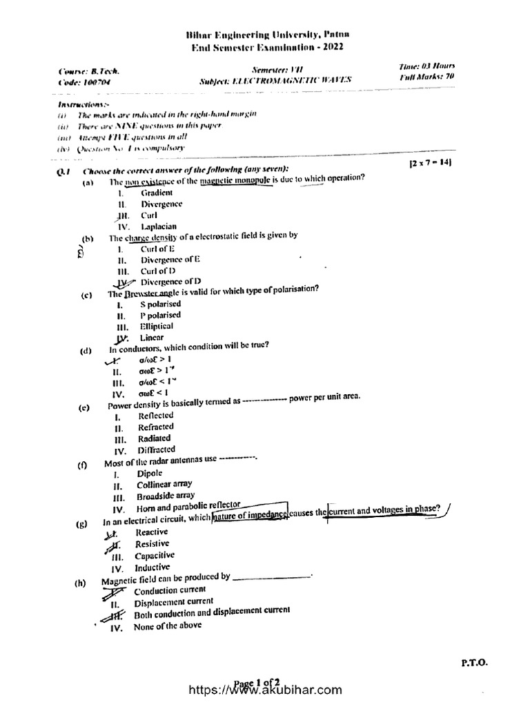 Btech Eee 7 Sem Electromagnetic Waves 100704 2022 | PDF