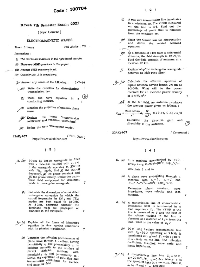 Btech 7 Sem Electromagnetic Waves 100704 2021 | PDF