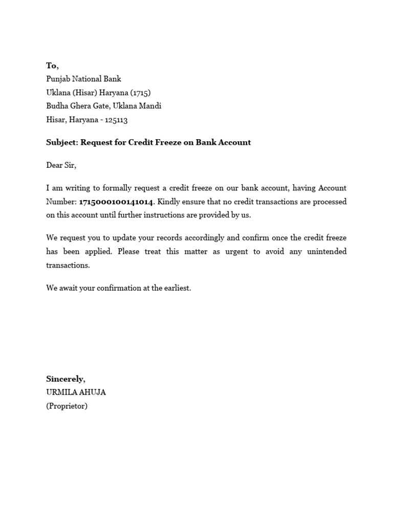 Urmila Ahuja - Cerdit Freeze Letter | PDF