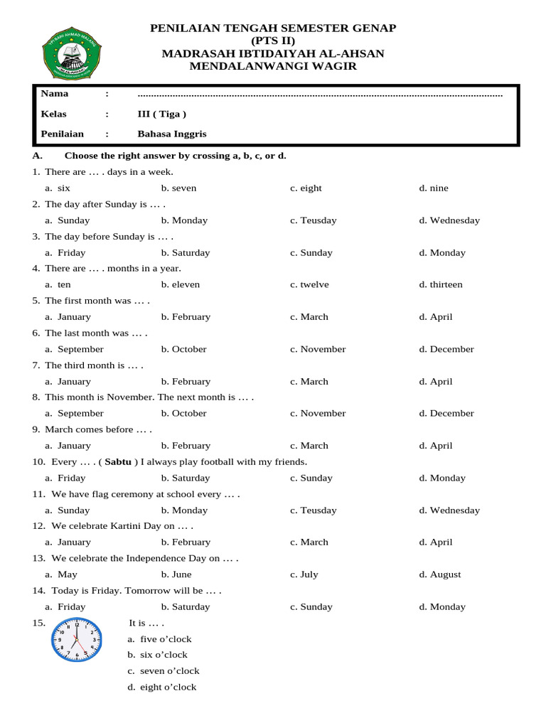PTS II KELAS 3 B INGG | PDF