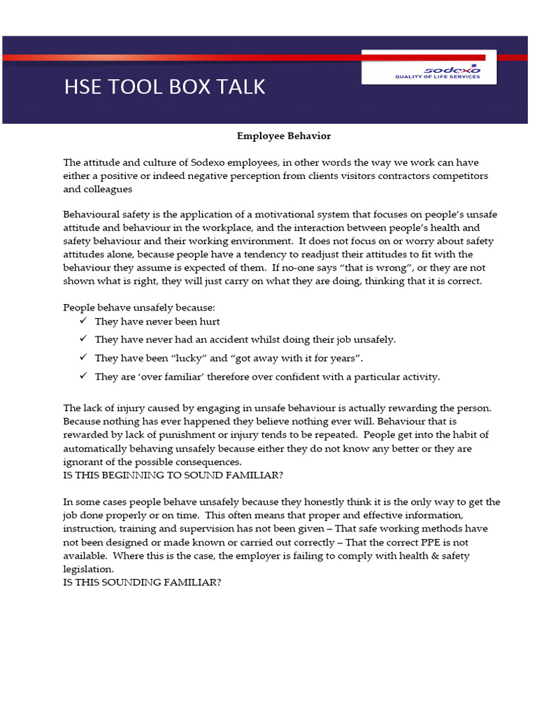 Tool Box Talk Employee Behaviour | PDF | Behavior | Attitude (Psychology)