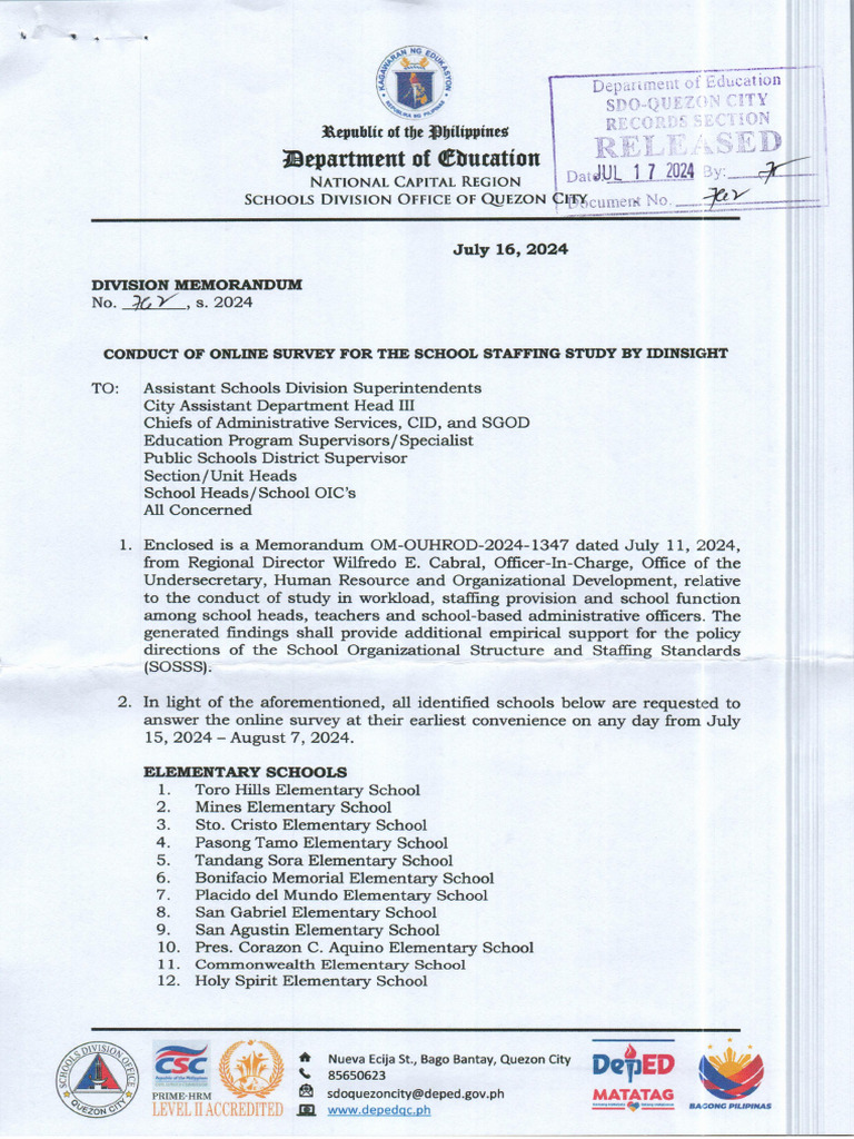 DM NO. 762, s. 2024 - CONDUCT OF ONLINE SURVEY FOR THE SCHOOL STAFFING ...