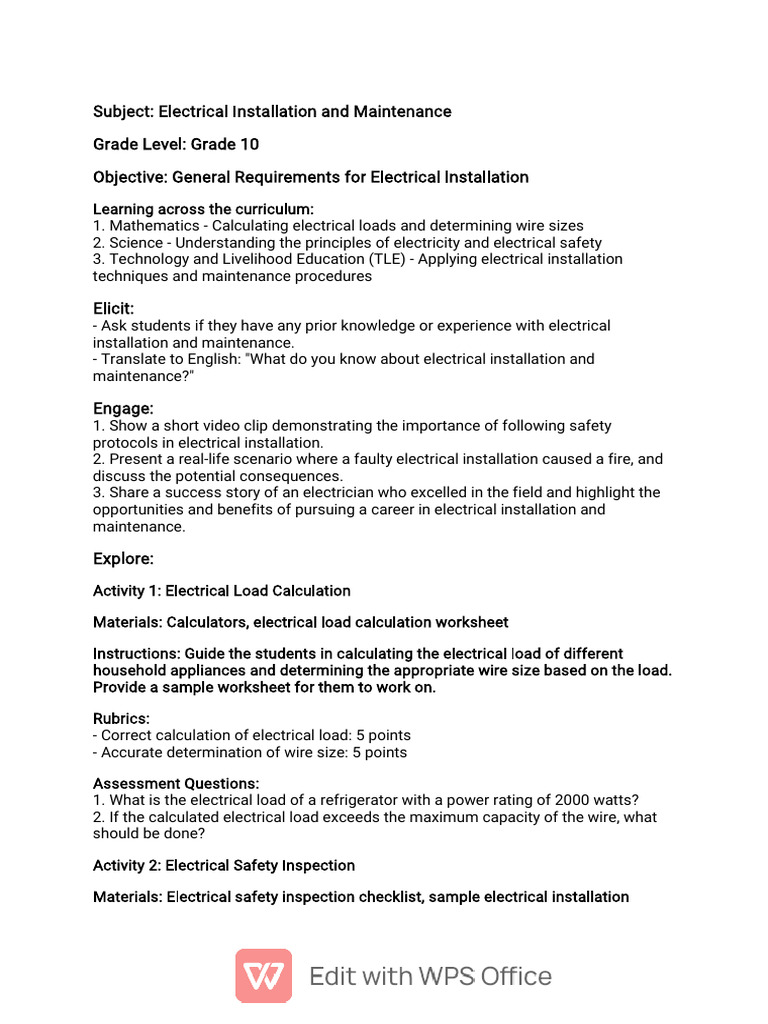 Electrical Installation Basics for Grade 10 | PDF | Electrical Wiring ...
