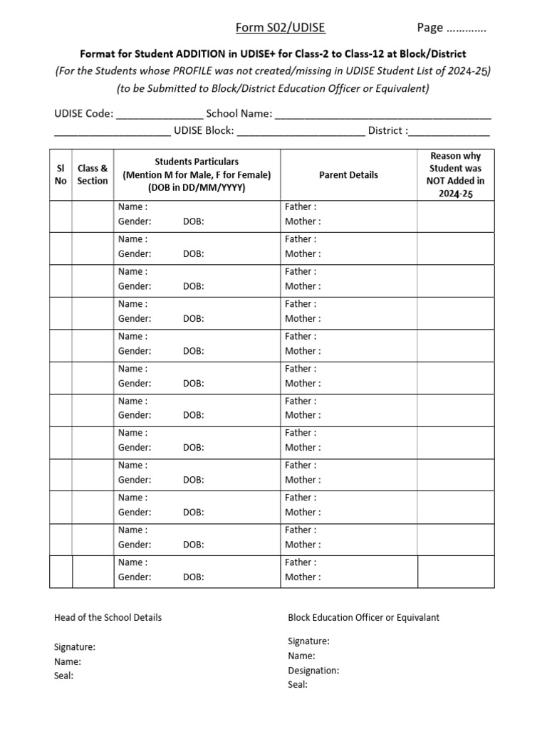 Student Addition Form S02 UDISE | PDF | Life Skills | Youth