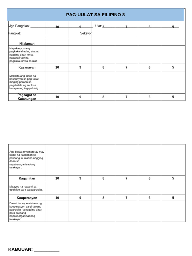 Filipino Reporting Rubric | PDF