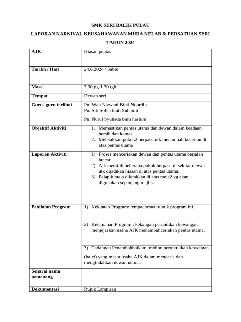 Laporan Hiasan Pentas 2024 | PDF