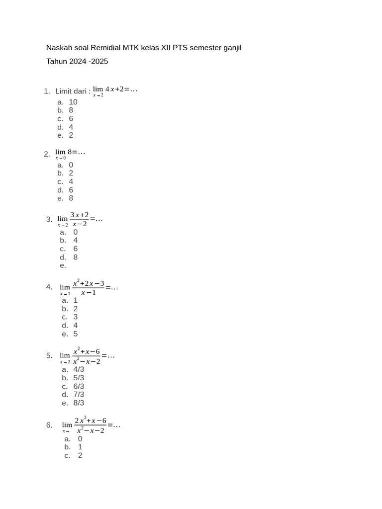 Naskah Soal Remidial MTK XII PTS Semester Ganjil 24 | PDF