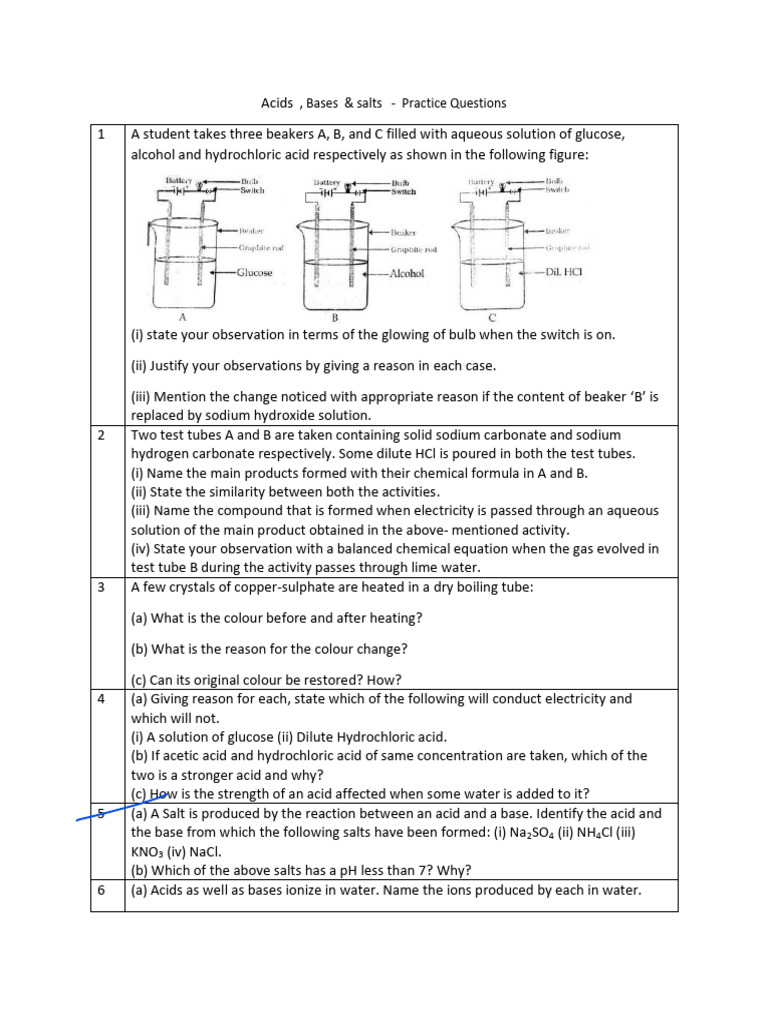 Acids, Bases & Salts: Practice Questions | PDF | Acid | Salt (Chemistry)