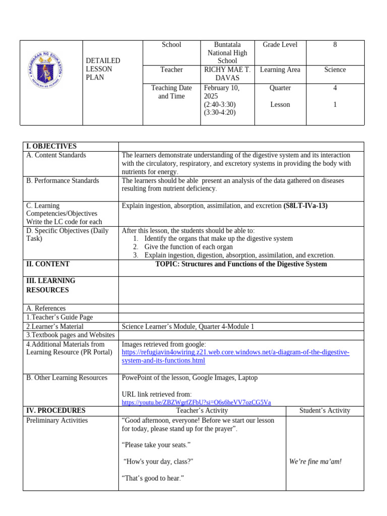 Grade 8 Science: Digestive System Lesson Plan | PDF | Digestion | Human ...