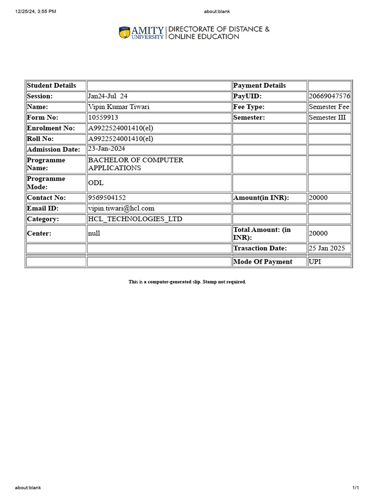 Amity University Fee Reciept_3rd Sem | PDF