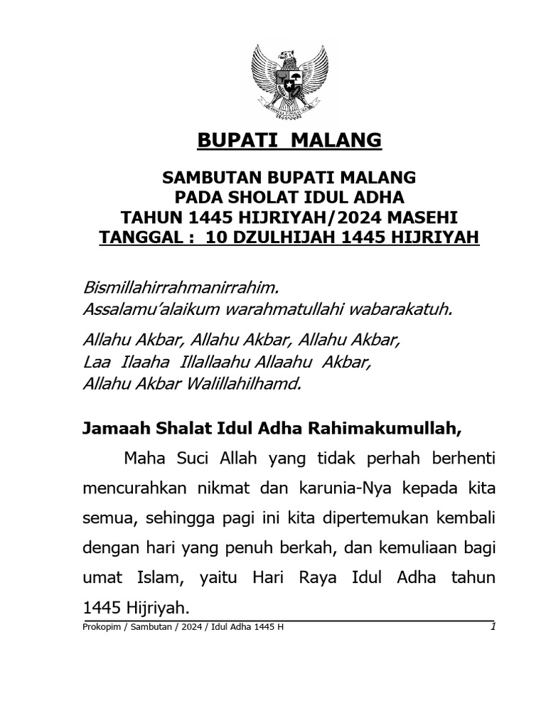 Draft Sambutan Idul Adha 1445 Hijriyah PDF | PDF
