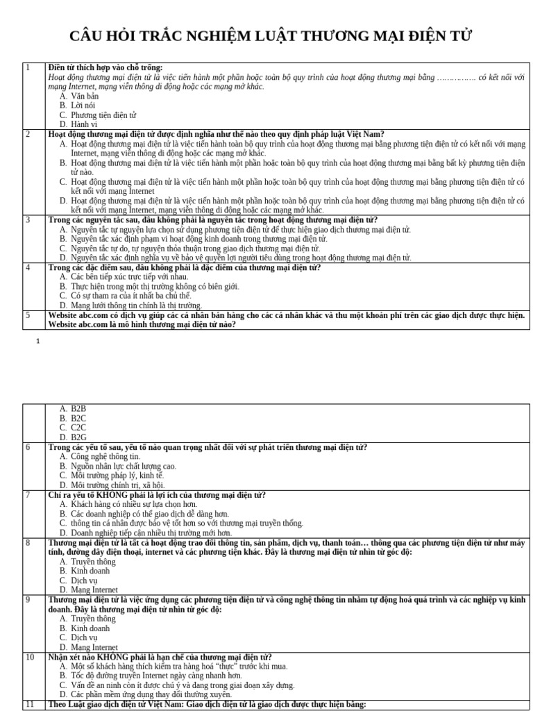 CÂU HỎI TRẮC NGHIỆM PL TMDT PHAN 1 | PDF