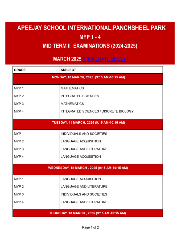 MYP 1-4 Mid Term II Date sheet-March 2025 | PDF