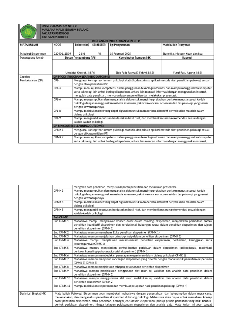 Rencana Pembelajaran Psikologi Eksperimen | PDF