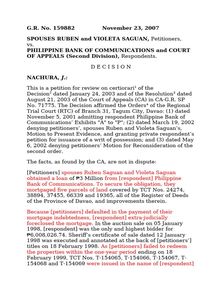 4. Sps. Saguan vs. PBCom and CA | PDF | Mortgage Law | Foreclosure
