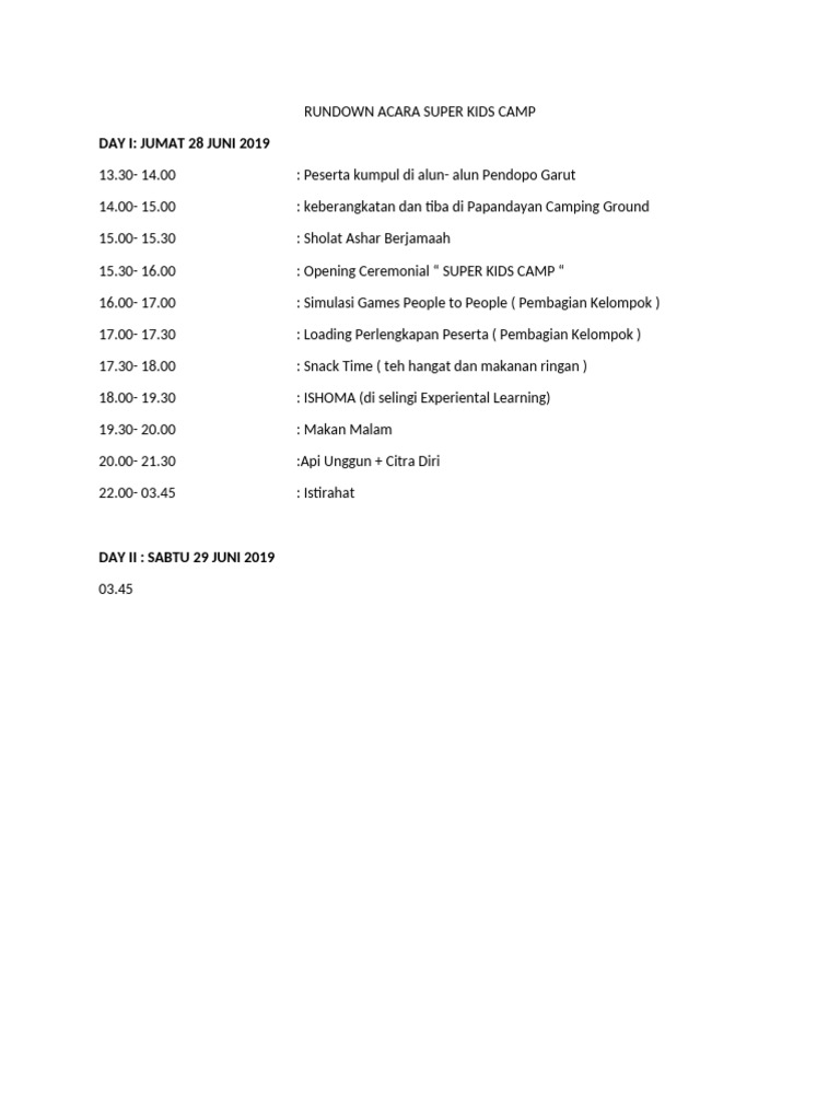 Rundown Acara Super Kids Camp | PDF