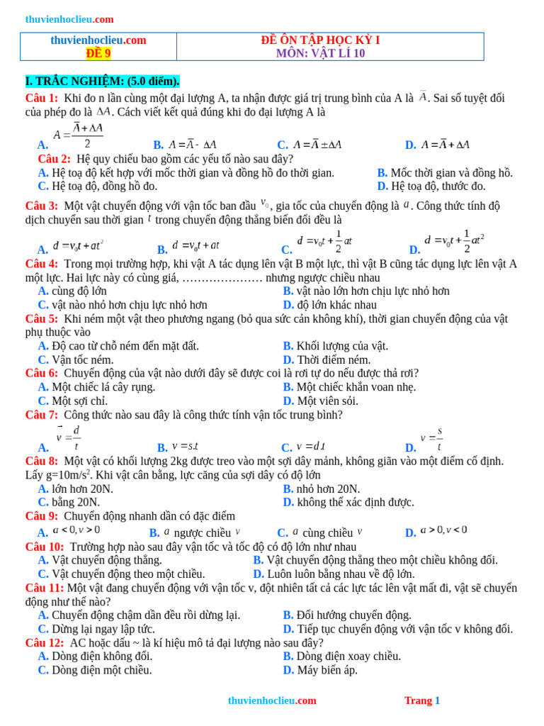 De On Tap HK1 Vat Li 10 de 9 | PDF