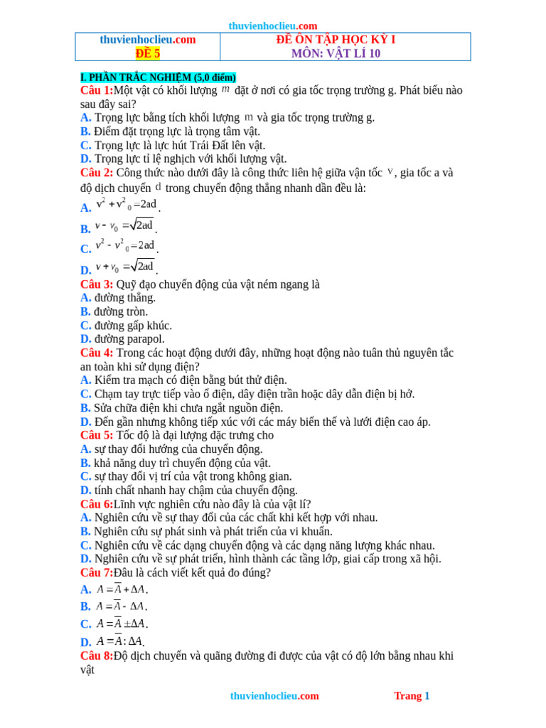 De On Tap HK1 Vat Li 10 de 5 | PDF