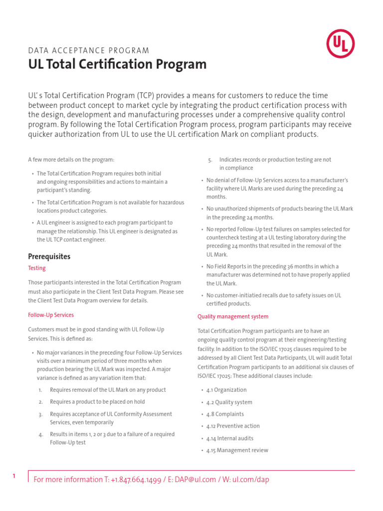 UL Total Certification Program: Prerequisites | PDF | Audit | Certification