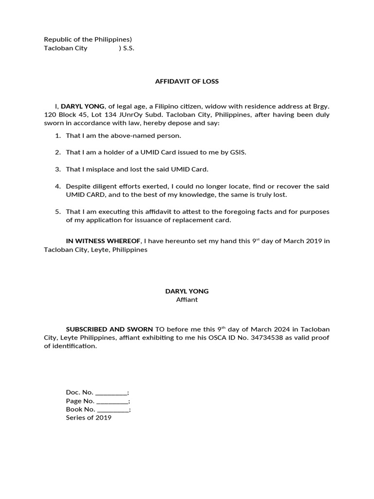 Affidavit of Loss Daryl Yong | PDF
