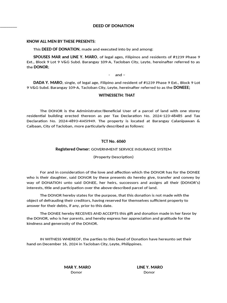 Deed of Donation Spouses Maro | PDF | Natural Resources Law | Property Law